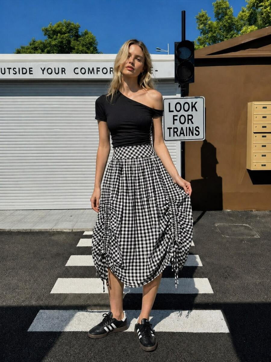 Black Gingham Midi Skirt With Side Ruched Drawstring A-Line High Waist ...