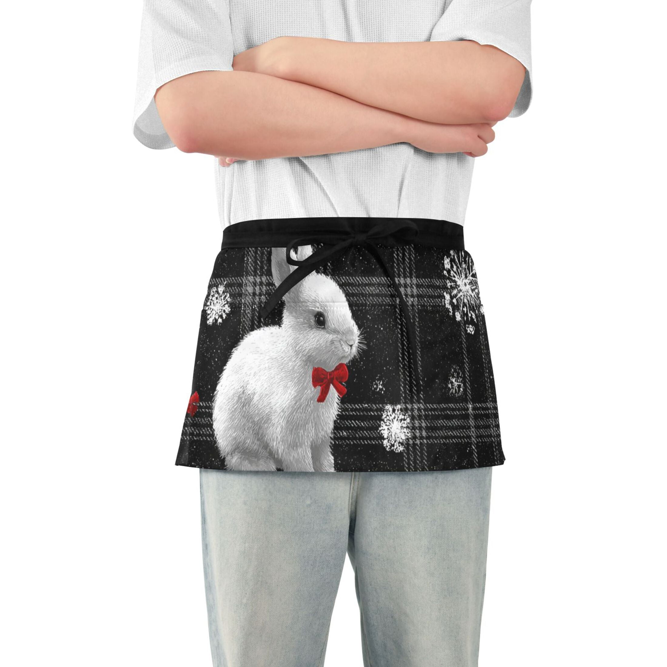 Black Gingham Plaids Rabbits with Bows Christmas Short Server Apron ...