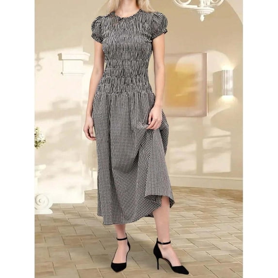 Black Gingham Shirred A-Line Midi Dress With Puff Short Sleeves Smocked ...
