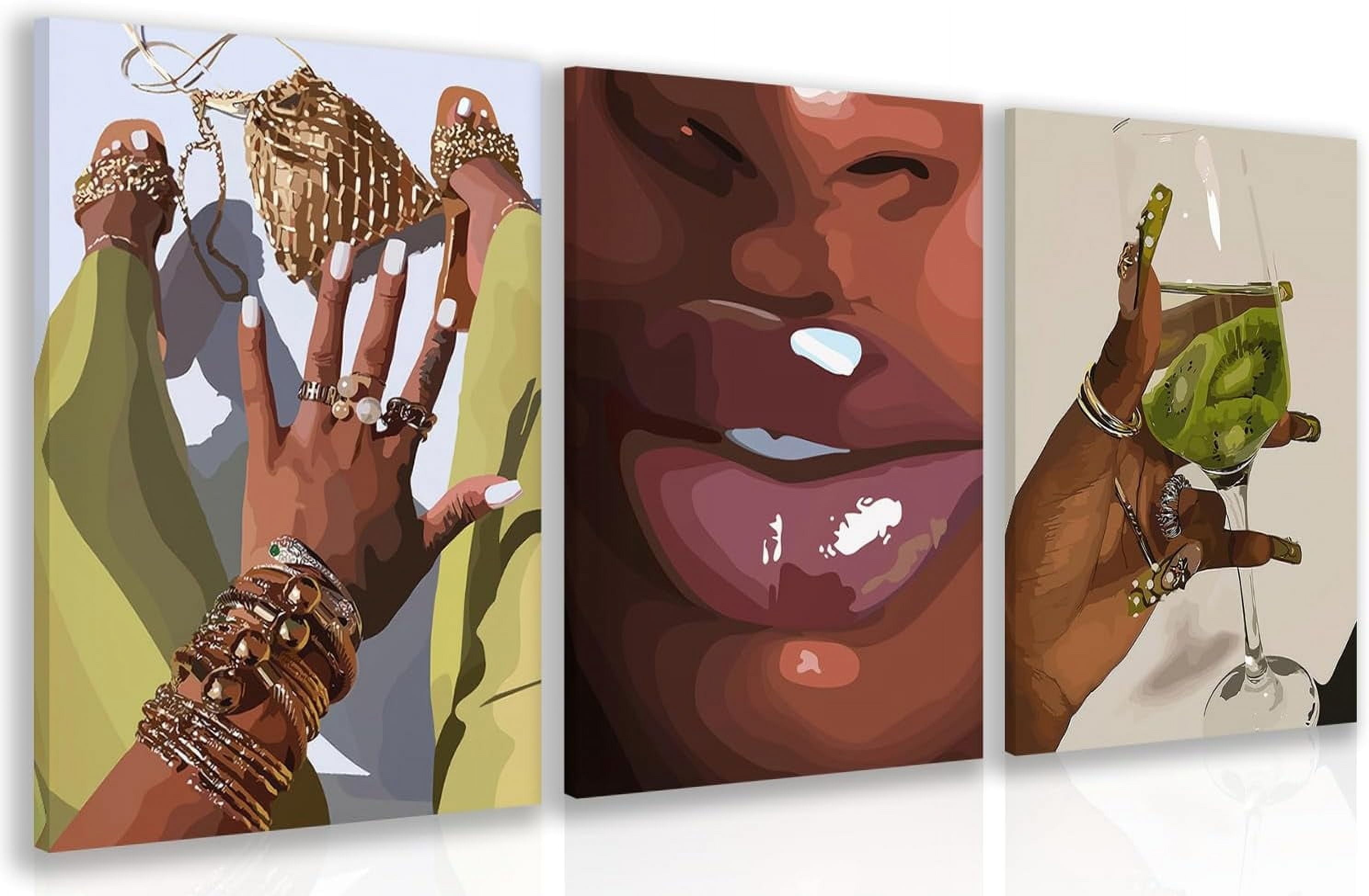 Black Girl Canvas Wall Art Set of 3, Framed African American Woman Wall Decor, Fashion Black ...