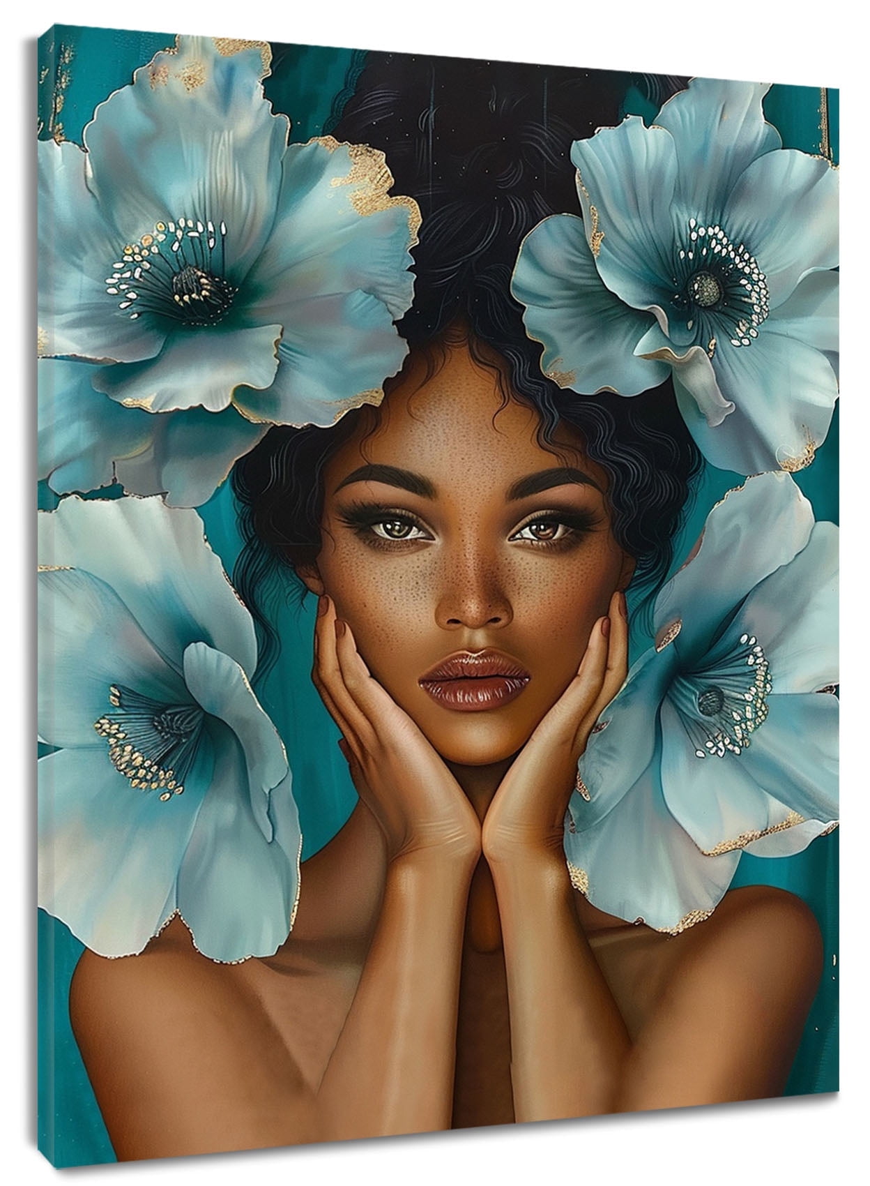 Black Girl Floral Wall Art, Blooming Teal Flower on Black Women Head Canvas Wall Art, African ...