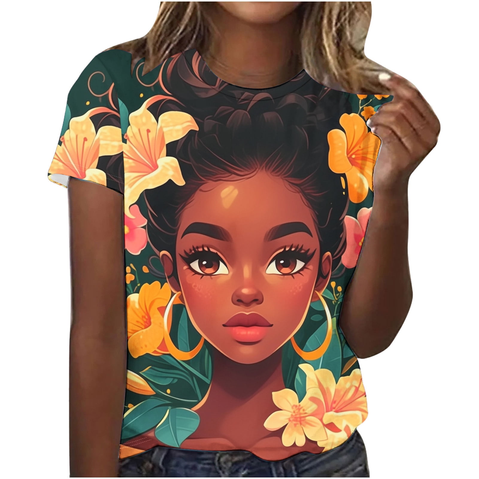 Black Girl Graphic T-Shirt for Women Floral Printing Trendy 2025 ...