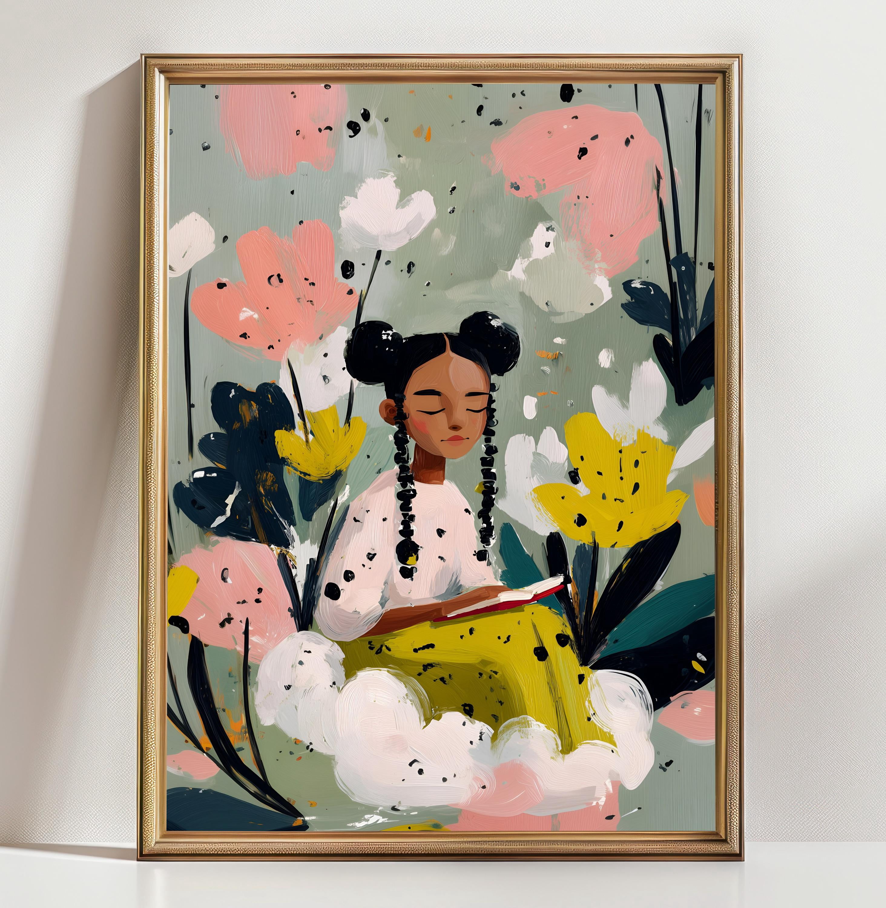 Black Girl Reading Floral Art Print, Colorful Kids Room Wall Art ...
