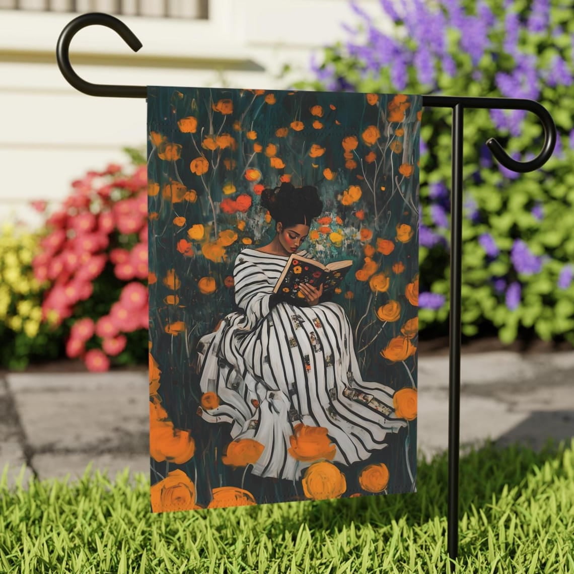Black Girl Reading Garden Flag Floral Book Lover Yard Decor, Cozy ...
