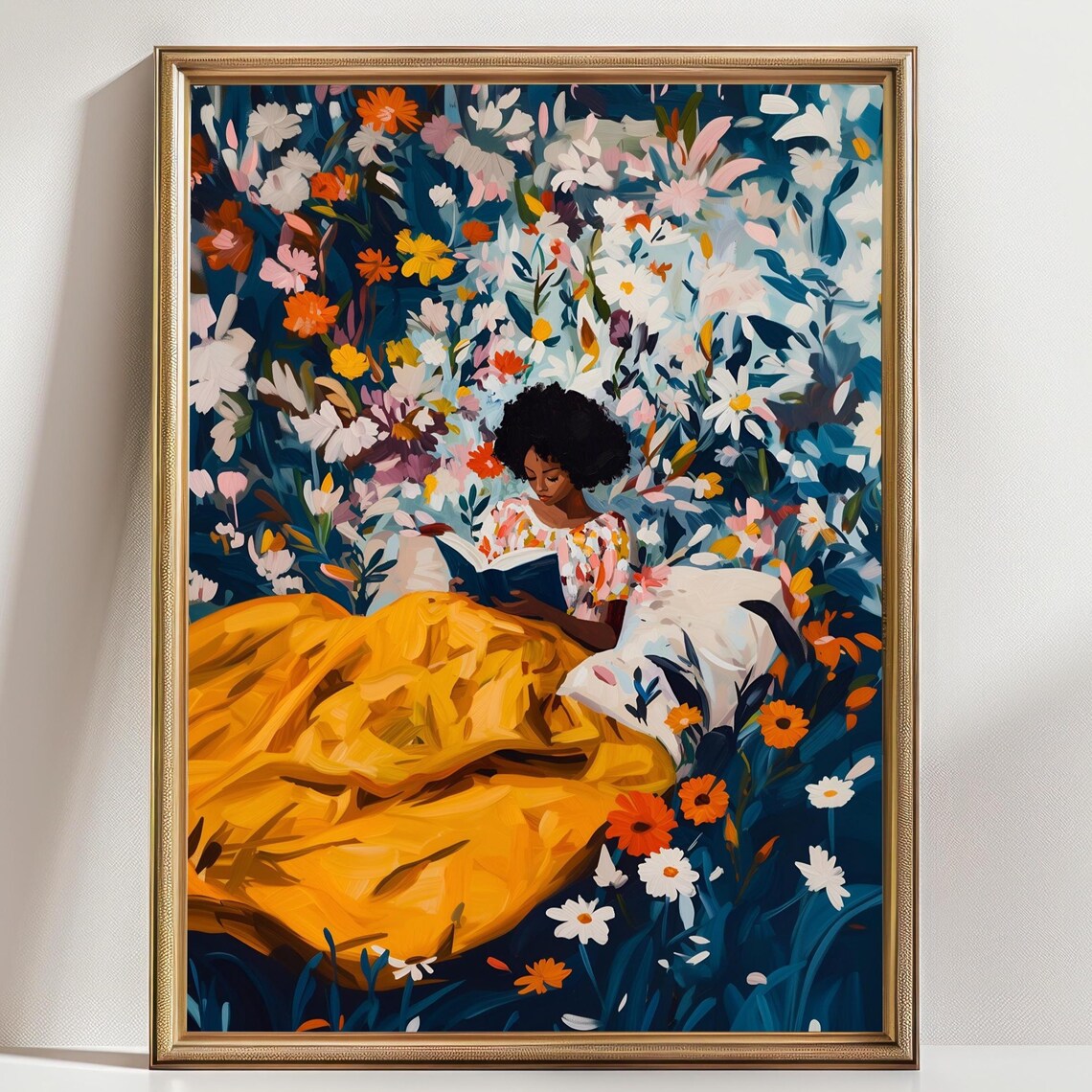 Black Girl Reading Wall Art Print Relaxing Floral Bedroom Scene ...