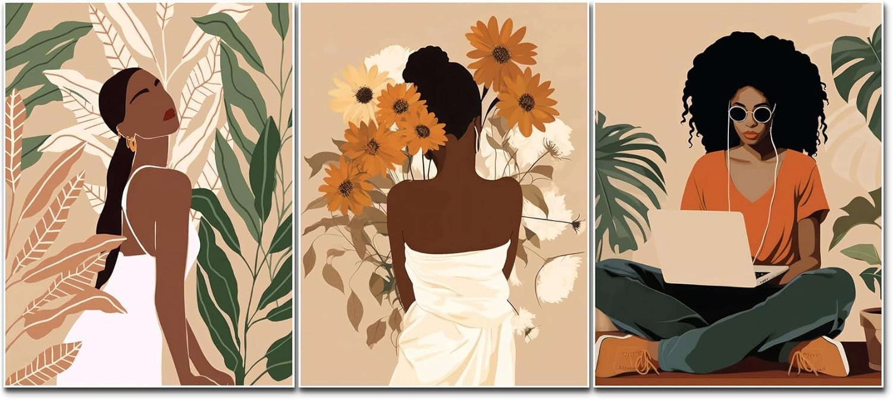 Black Girl Wall Art Set of 3, Black Woman with Floral Pictures Wall Decor Paintings, Fashion ...