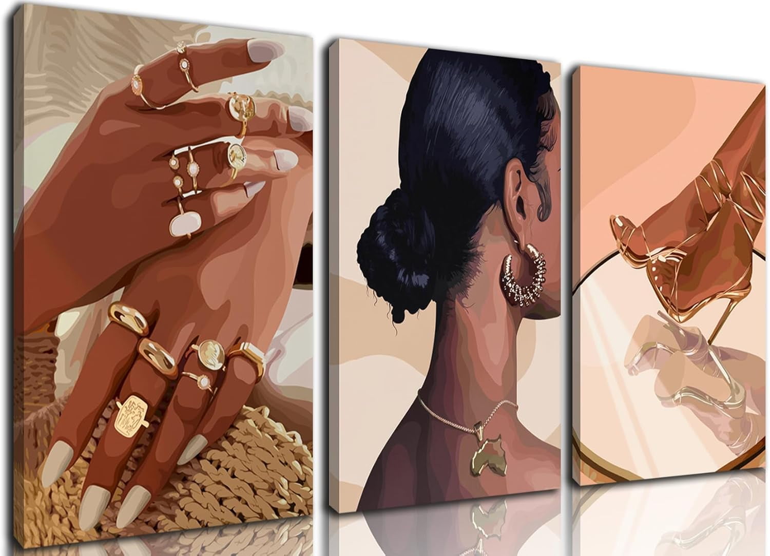 Black Girl Wall Art Set of 3, Black Woman with Floral Pictures Wall Decor Paintings, Fashion ...