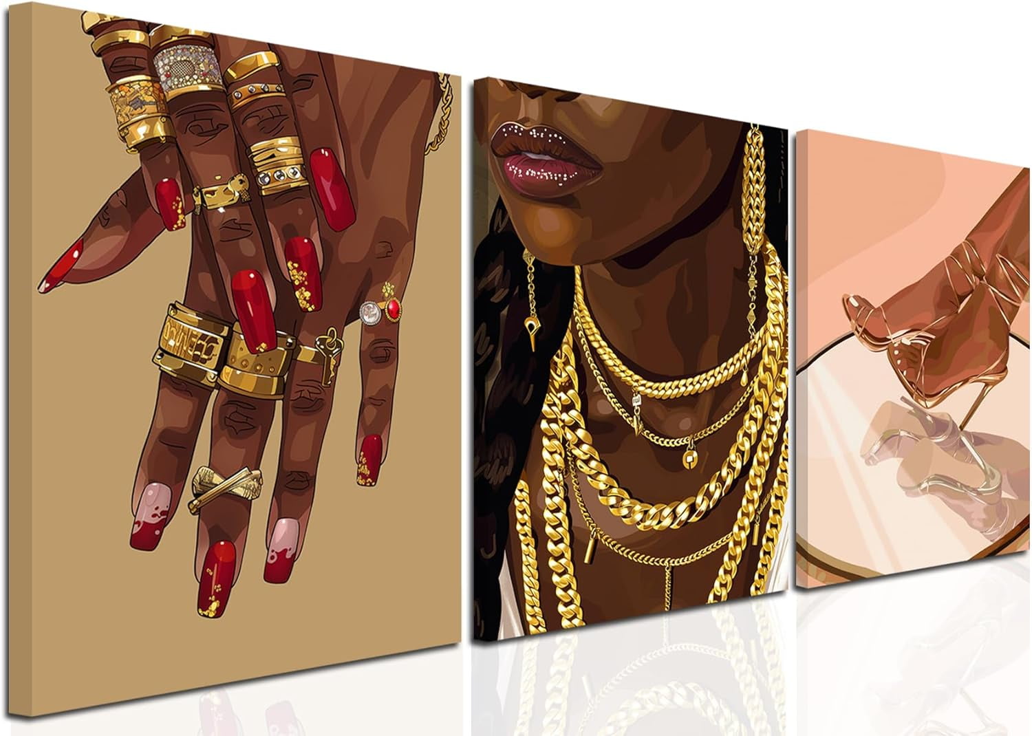 Black Girl Wall Art Set of 3, Gold African American Woman Wall Decor Painting Black People ...