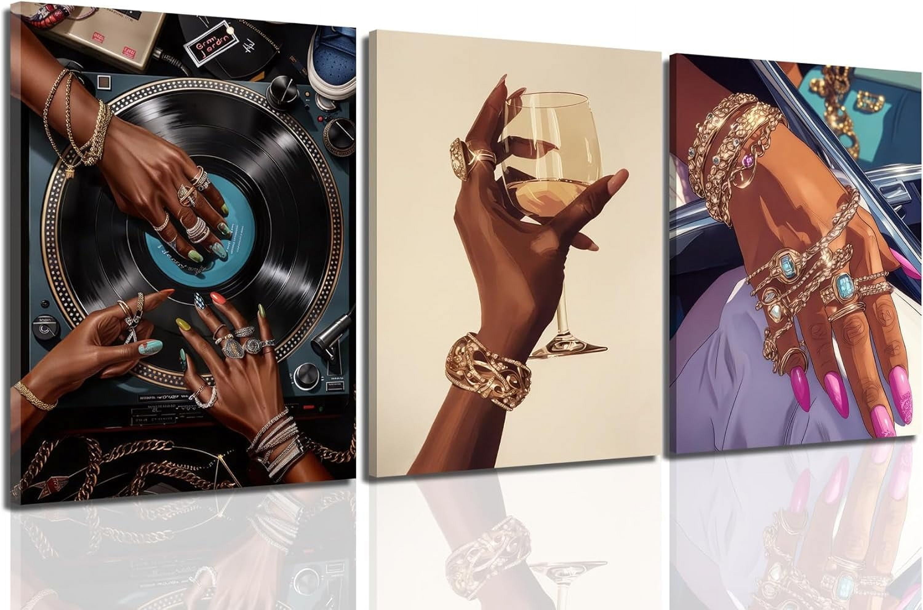 Black Girl Wall Art Set of 3, Gold African American Woman Wall Decor Painting Black People ...