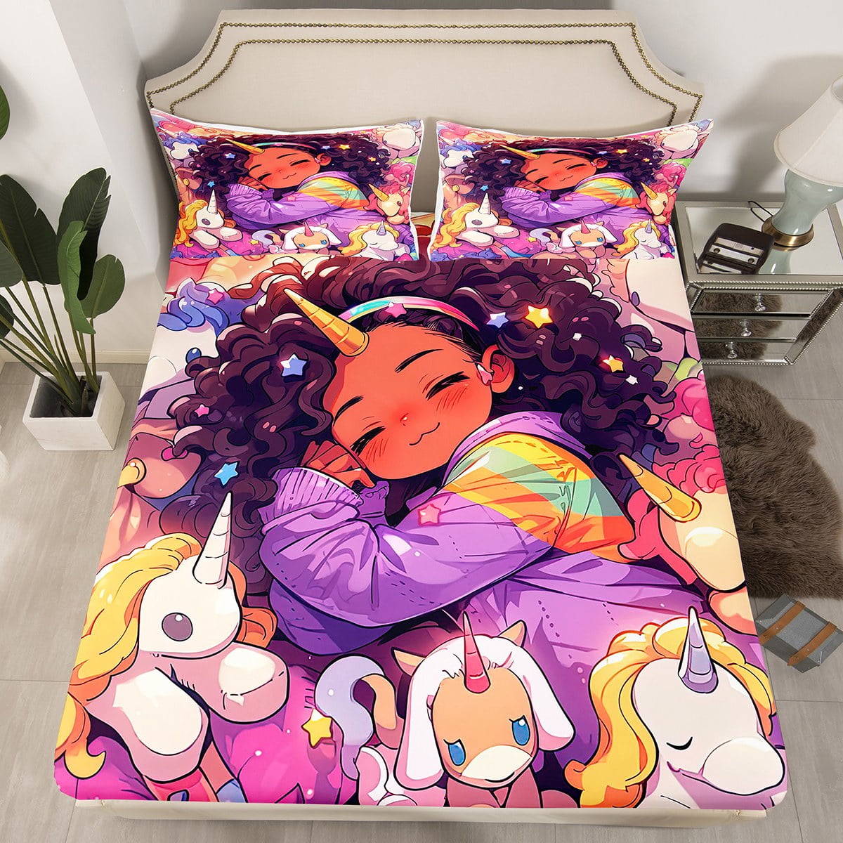 Black Queen Bed Sheets,Cartoon Unicorn Sheets American African Fitted ...