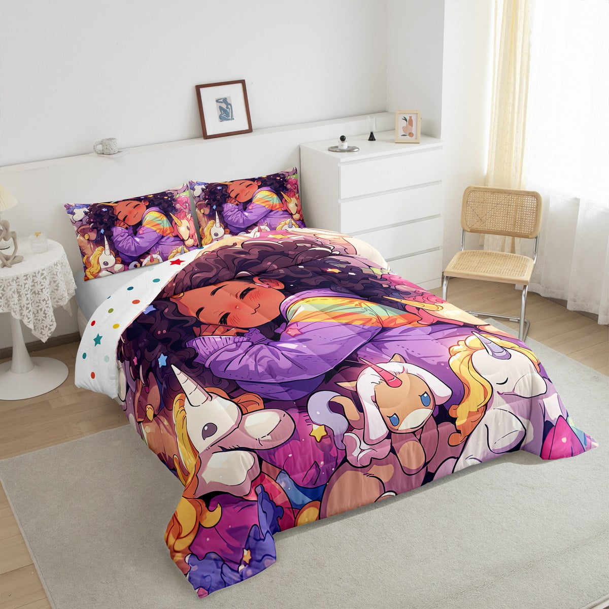 Black Girls Queen Comforter Set for Girls,Cartoon Unicorn Quilt ...