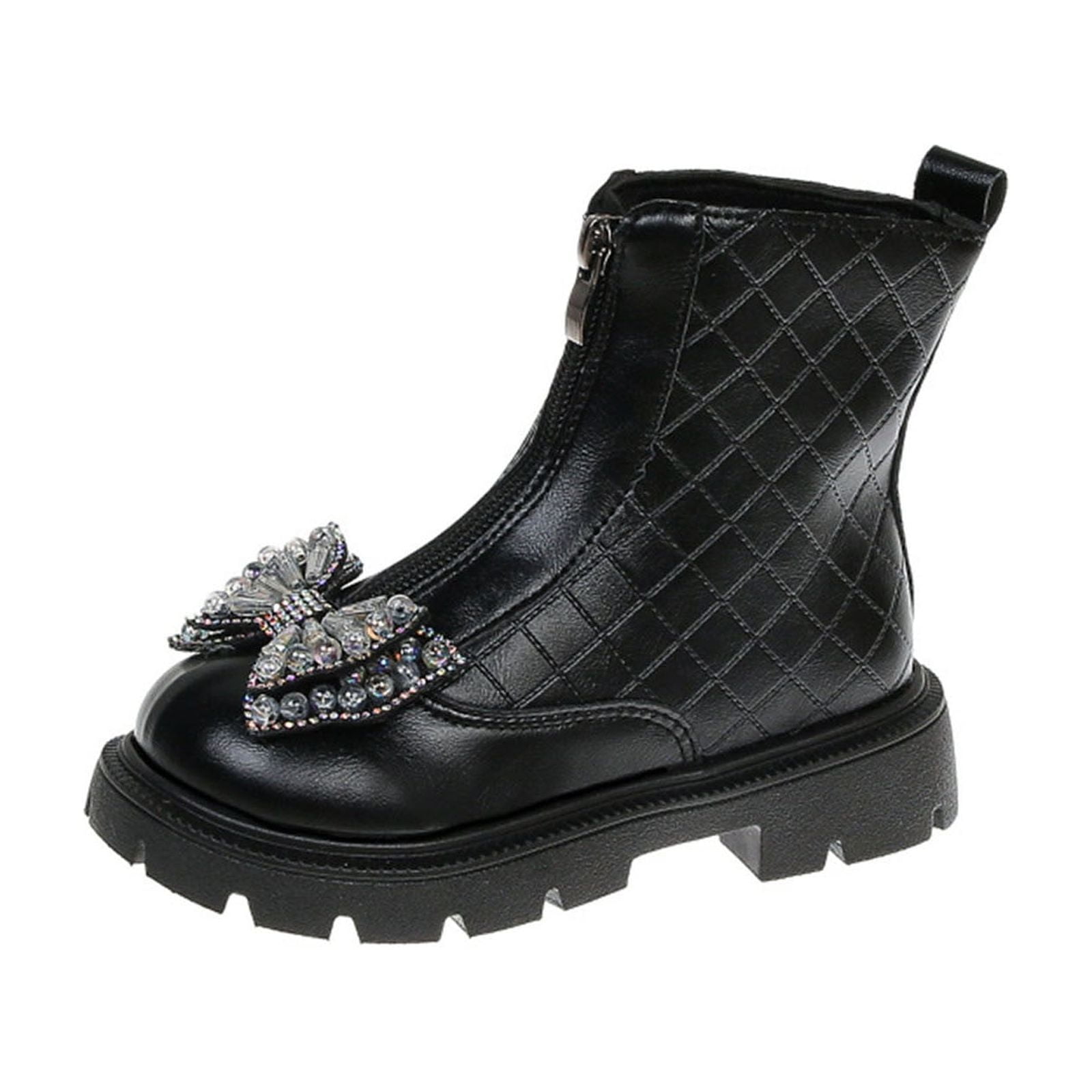 Black Girls' Tough Ankle Boots With Front Zipper And Bow Detail, Made ...