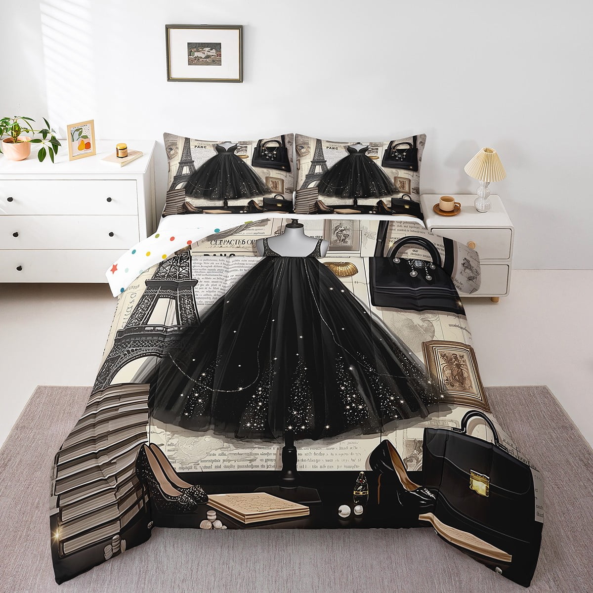 Black Girly Dress Bedding King Size Eiffel Tower Paris Style Comforter ...
