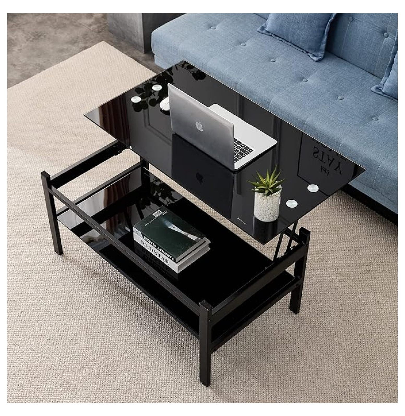 Black Glass Coffee Table with Lift Top, Modern Cocktail Table with ...