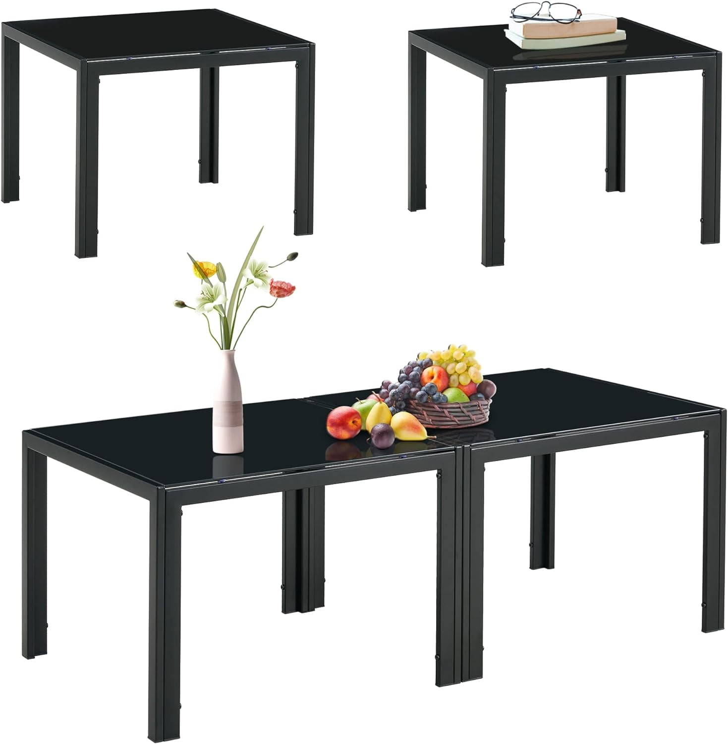 Black Glass Coffee Table Set of 4 Piece Modern End Table for Living ...