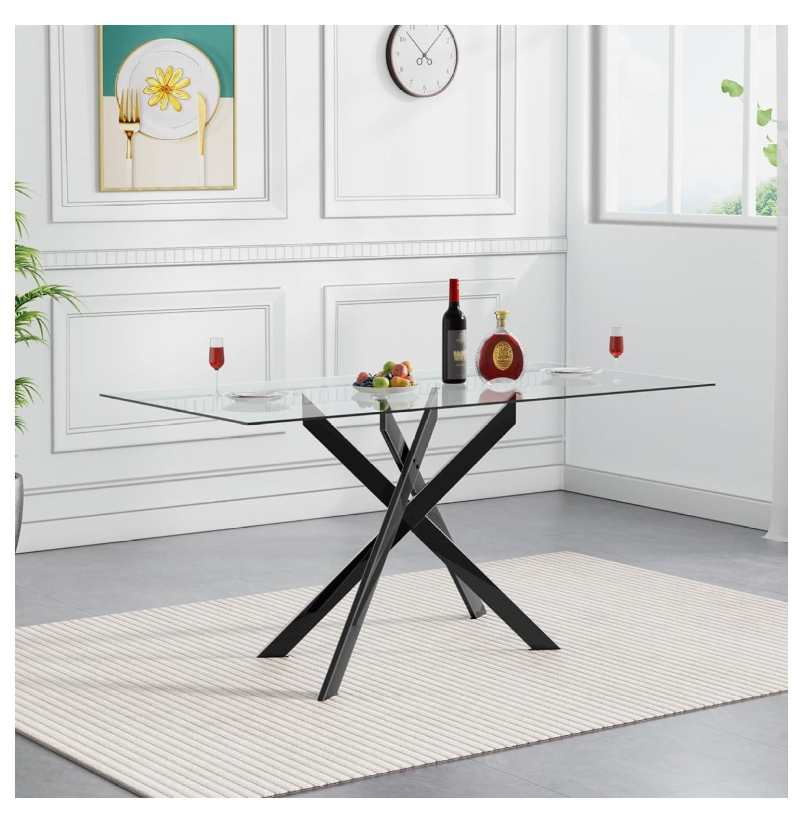 Black Glass Dining Table for 4 Modern 51.2" Rectangular Kitchen Dining Room Table for 4 with X ...