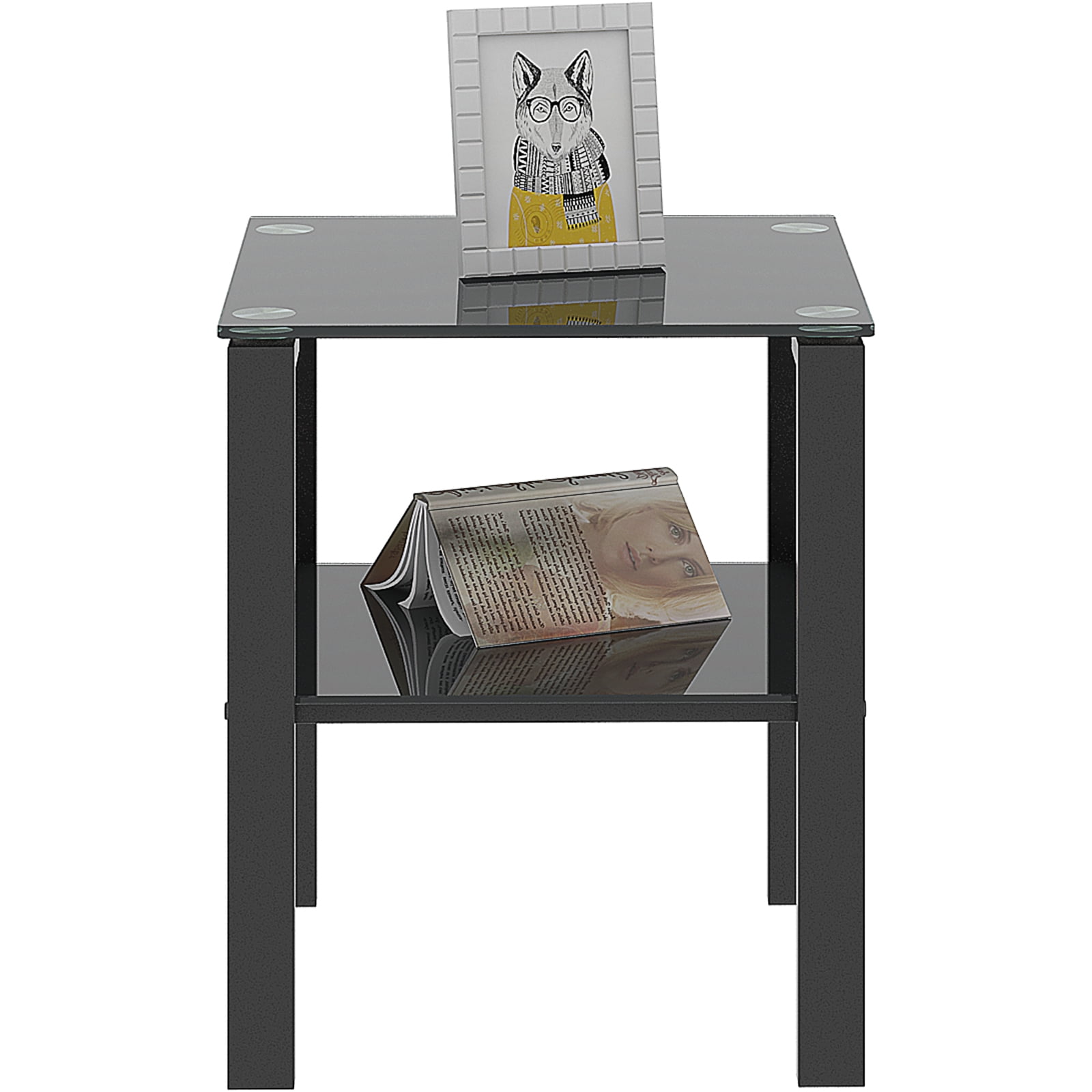 Modern Black Glass End Tables with Storage Base Legs, Small Glass Top ...