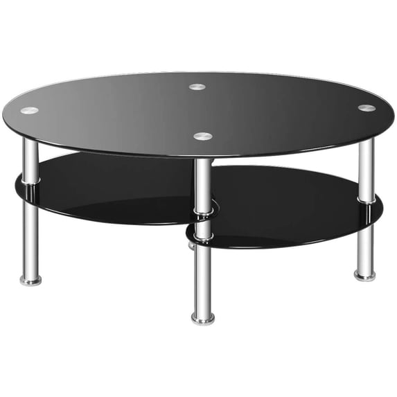 Black Glass Oval 3-Tier Tempered Glass Coffee Table With Chrome Steel ...