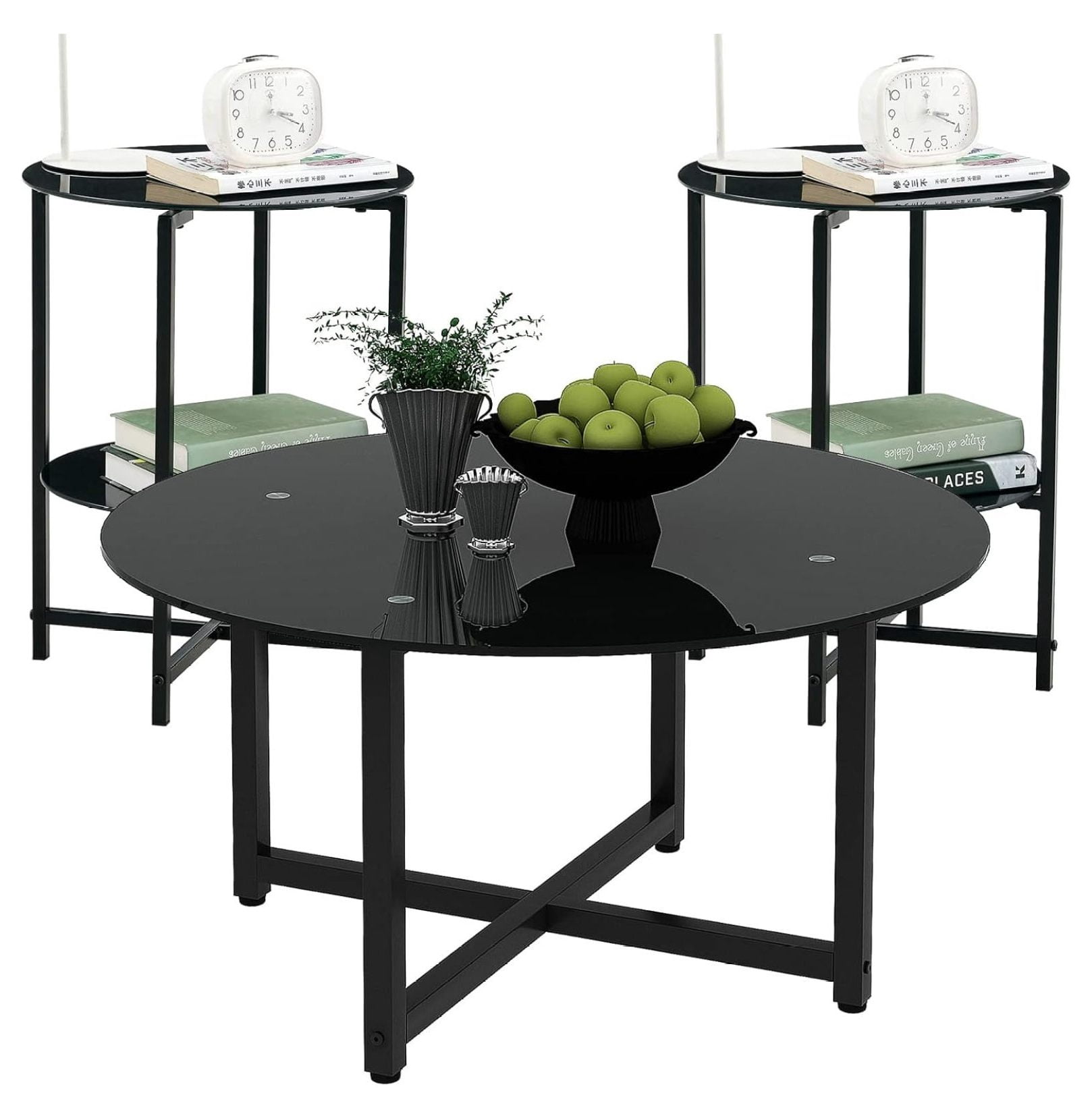 Black Glass Round Coffee Table Set of 3 Piece, Coffee Table and End Table Sets, Living Room ...