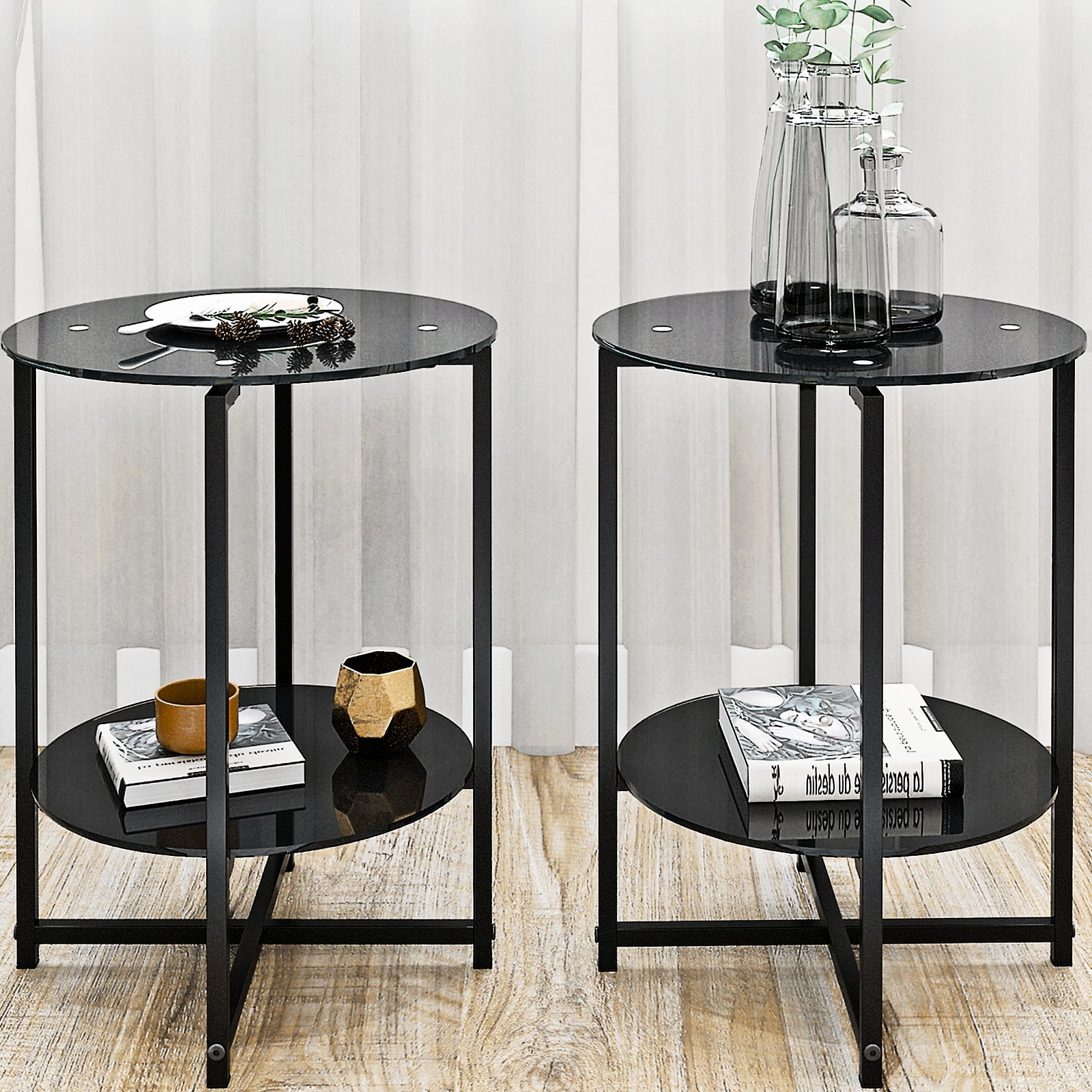 Black Glass Round End Tables Living Room Set of 2, Small Round Table ...