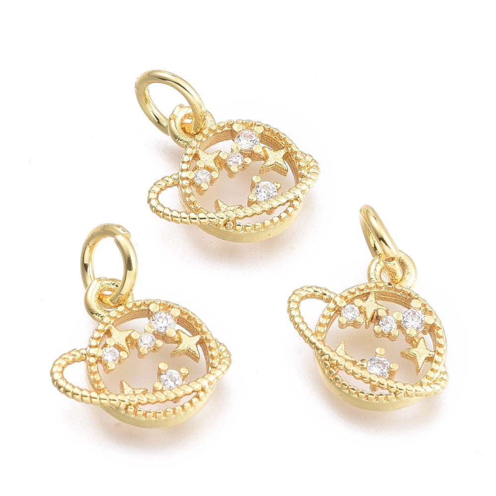 Brass Micro Pave Cubic Zirconia Pendants with Jump Ring Planet with ...