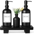 Black Glass Soap Dispenser Set with Wood Riser Tray and Stainless Steel ...