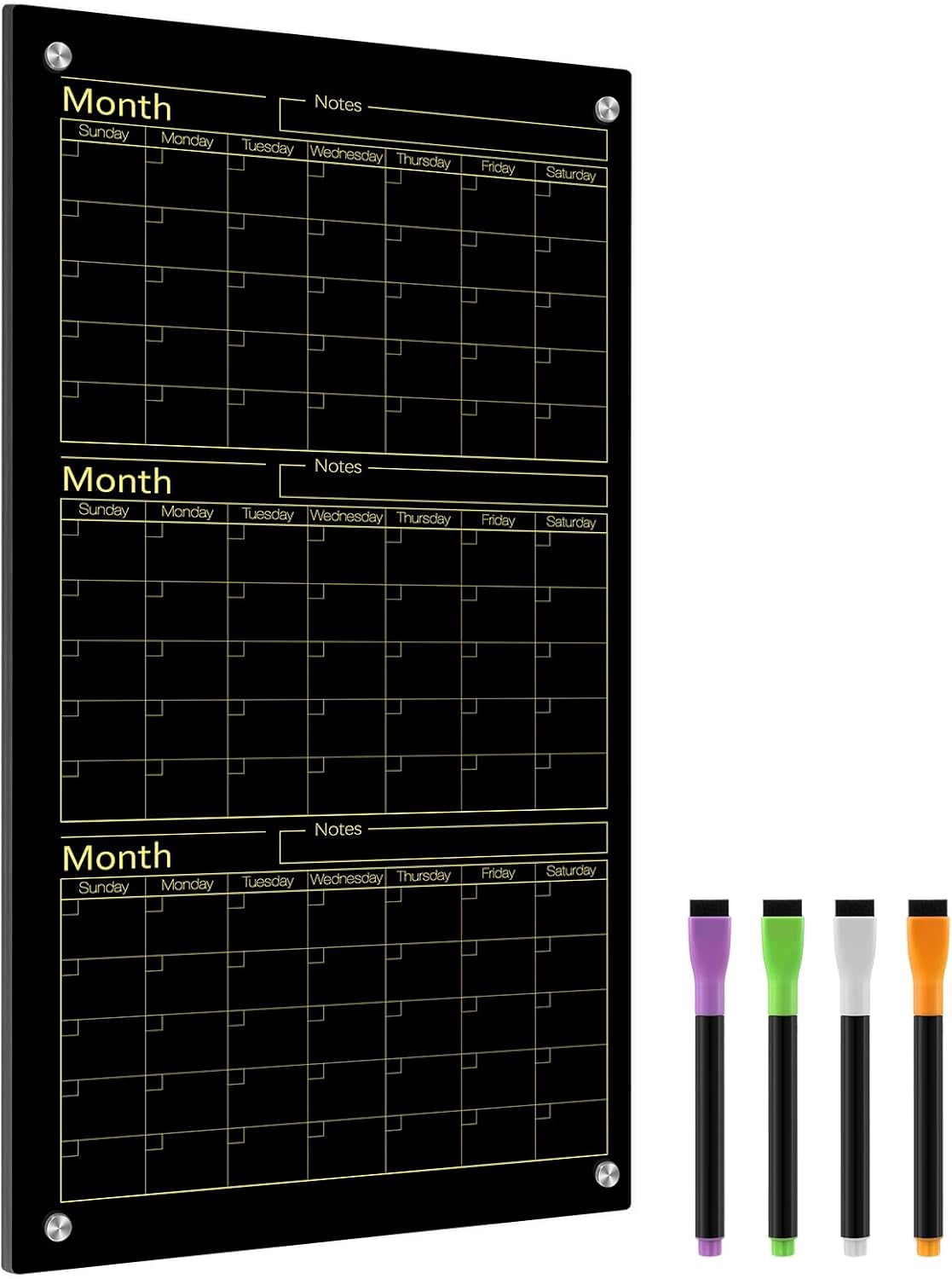 Black Glass Whiteboard Calendar 36" X 18" 3 Month Dry Erase White Board ...