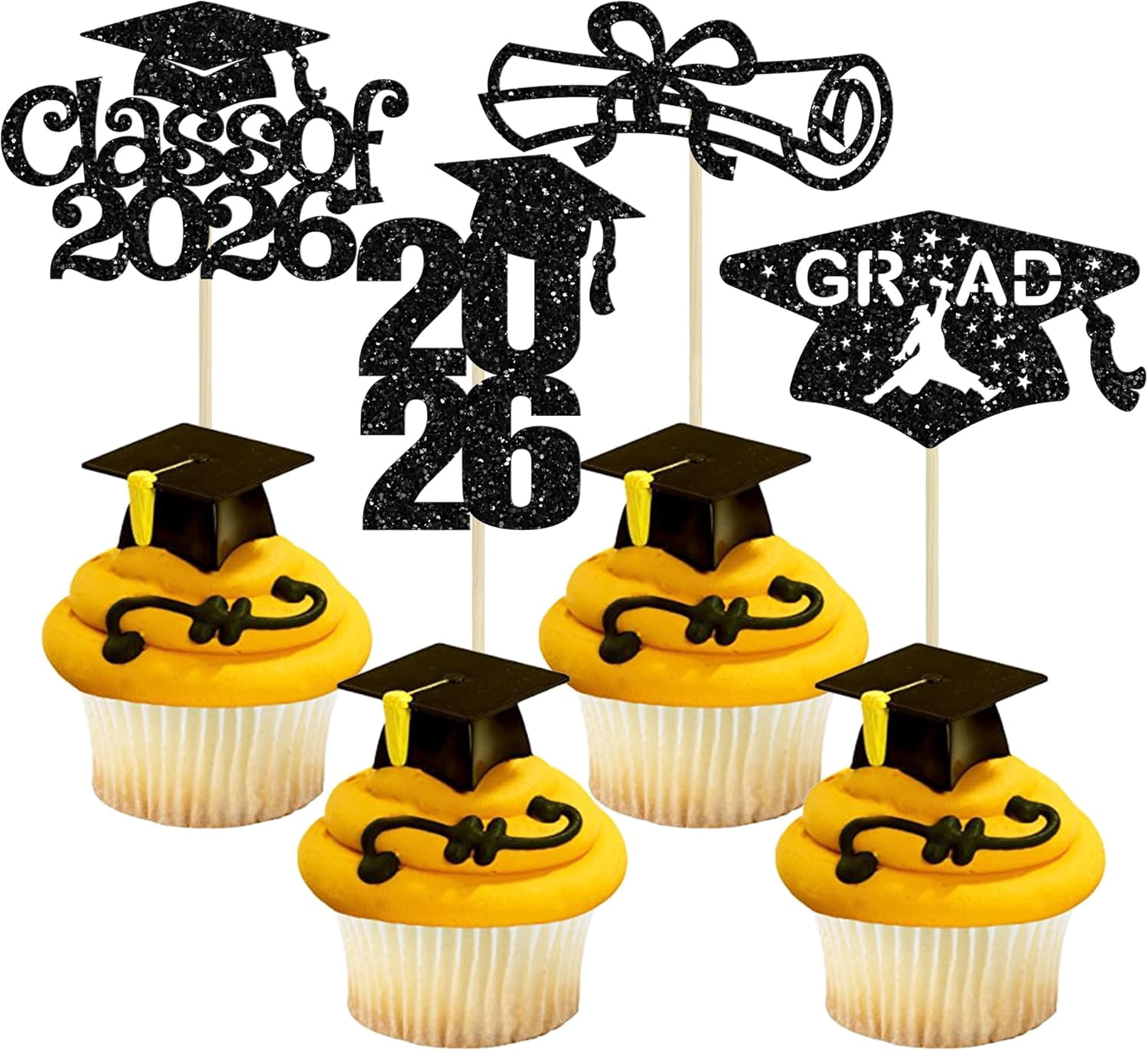 Black Glitter "Class of 2026" Graduation Cupcake Toppers, 12pcs ...