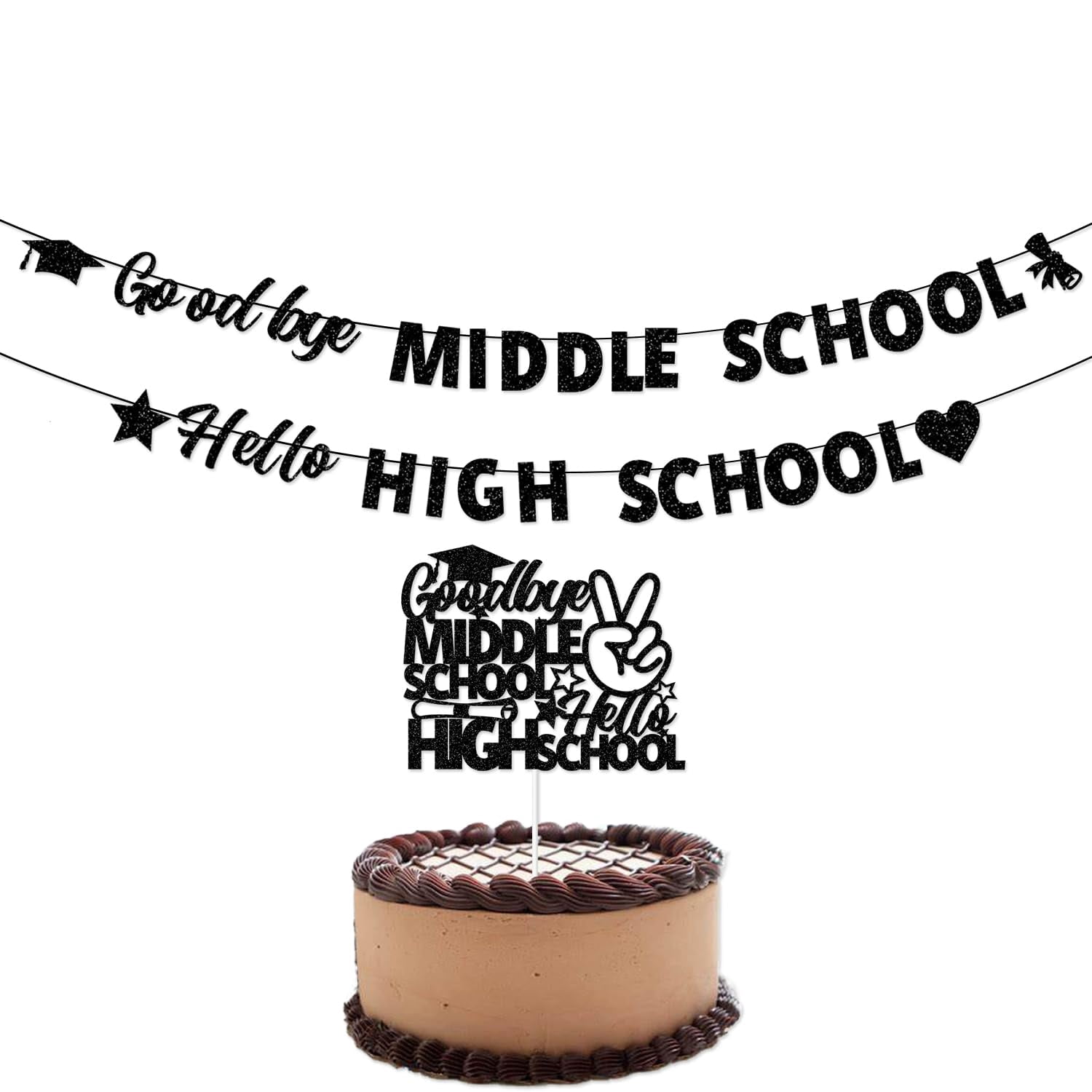 Black Glitter Goodbye Middle DHF10 School Hello High School Topper for ...