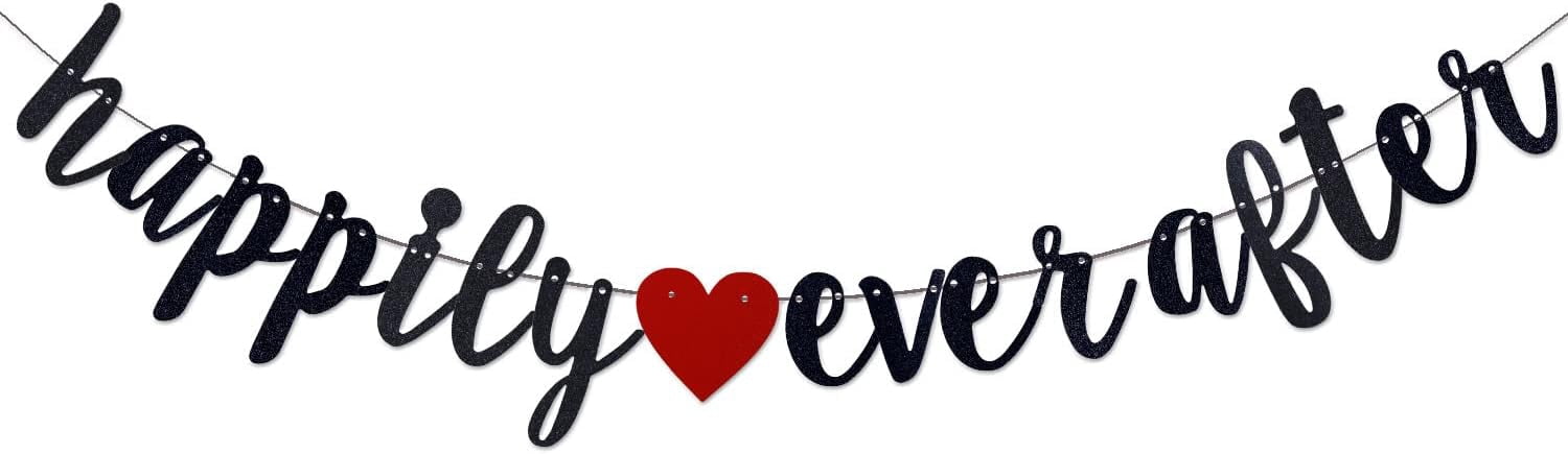 Black Glitter Happily Ever After Cursive Letter Banner with Red Heart ...