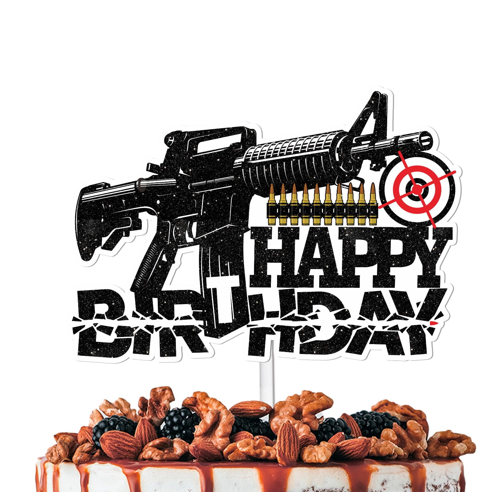Black Glitter Happy TWE5 Birthday Cake Topper Cheer to Heavy Gun Theme ...