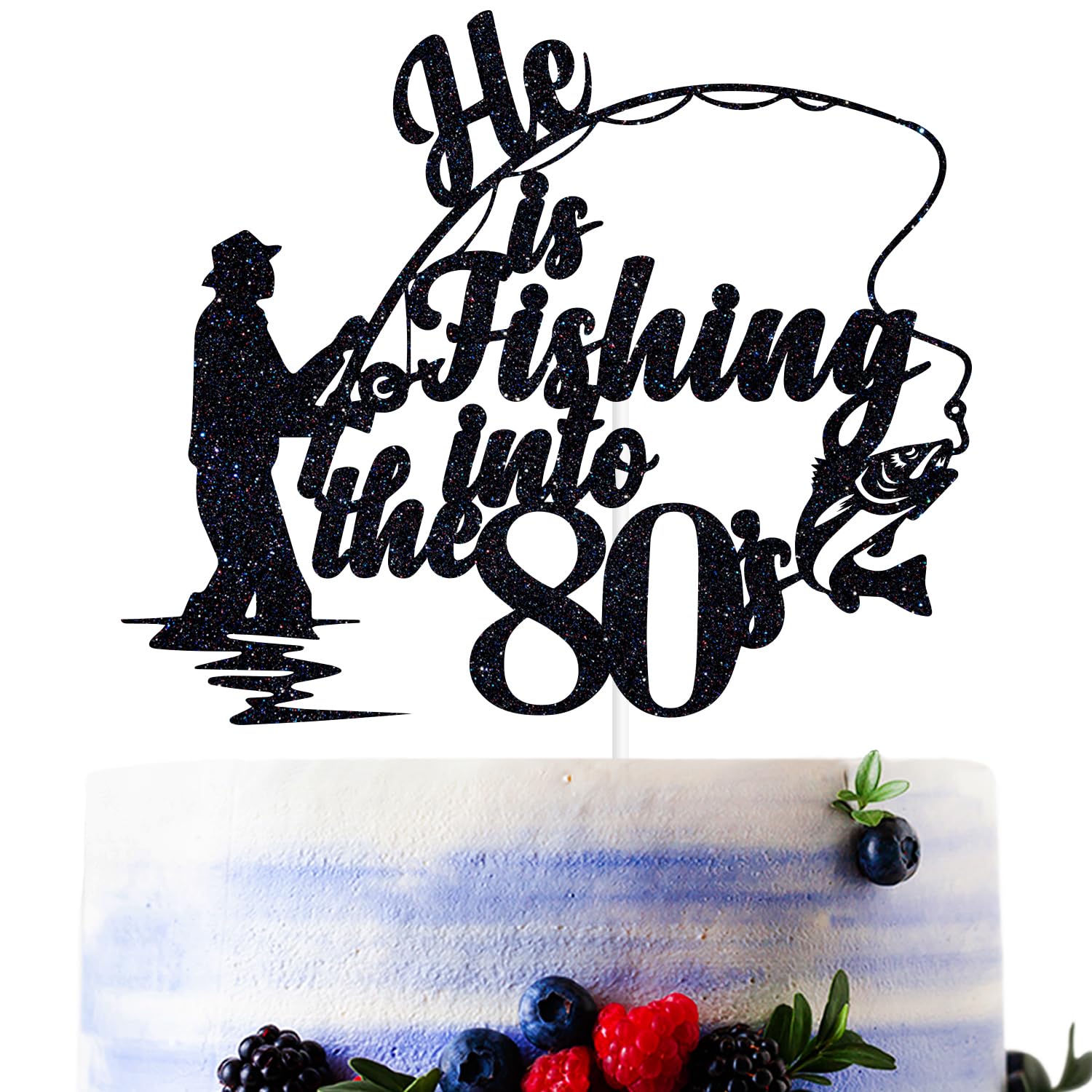 Black Glitter He is OIF8 Fishing into the 80's Cake Topper, Happy 90th ...