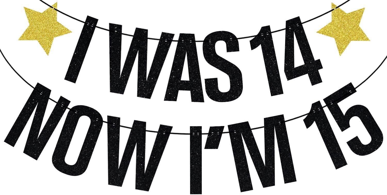 Black Glitter "I Was 14 Now I'm 15" Banner with Gold Star Decorations ...