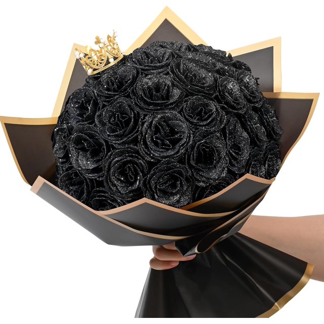 Black Glitter Roses Bouquet, DIY Fake Flowers Bouquet, Everlasting ...