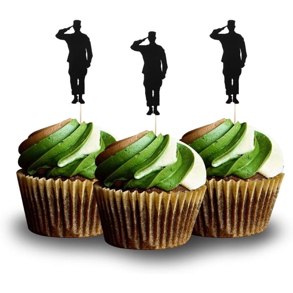 Black Glitter Saluting Soldier Cupcake Toppers, 12PCS Military Veteran ...