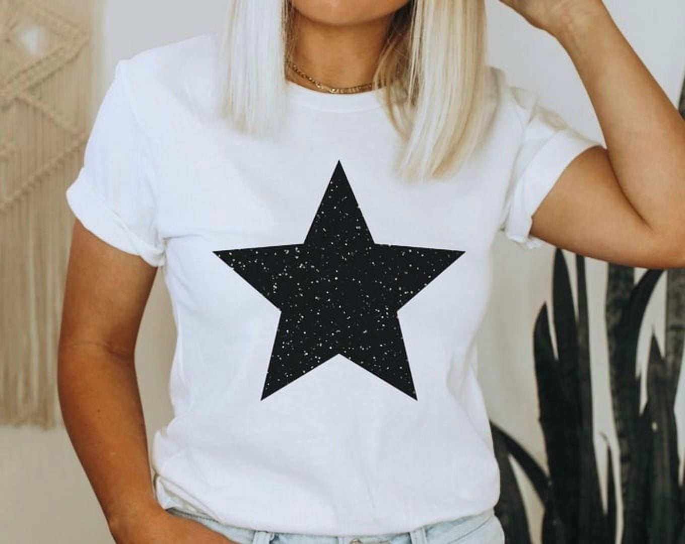 Black Glitter Star T-Shirt: Soft Cotton Tee - Women's Casual Tops ...