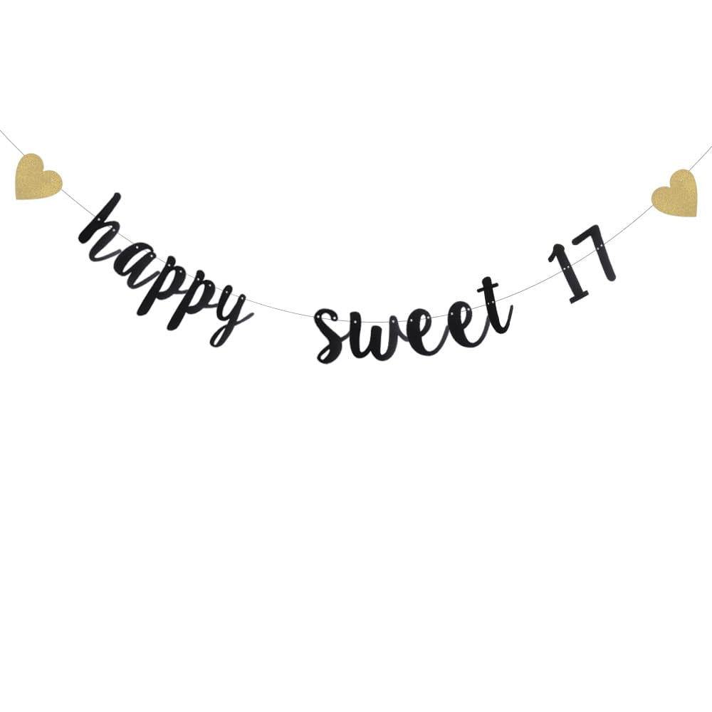 Black Glitter happy sweet 17 Banner, Pre-Strung,17 Years Loved,Happy ...