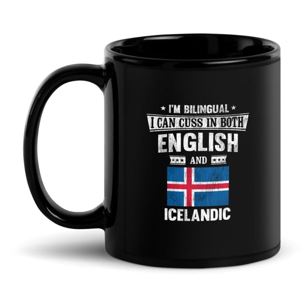 Black Glossy Mug, Cuss In English and Icelandic Funny Iceland Flag , M ...