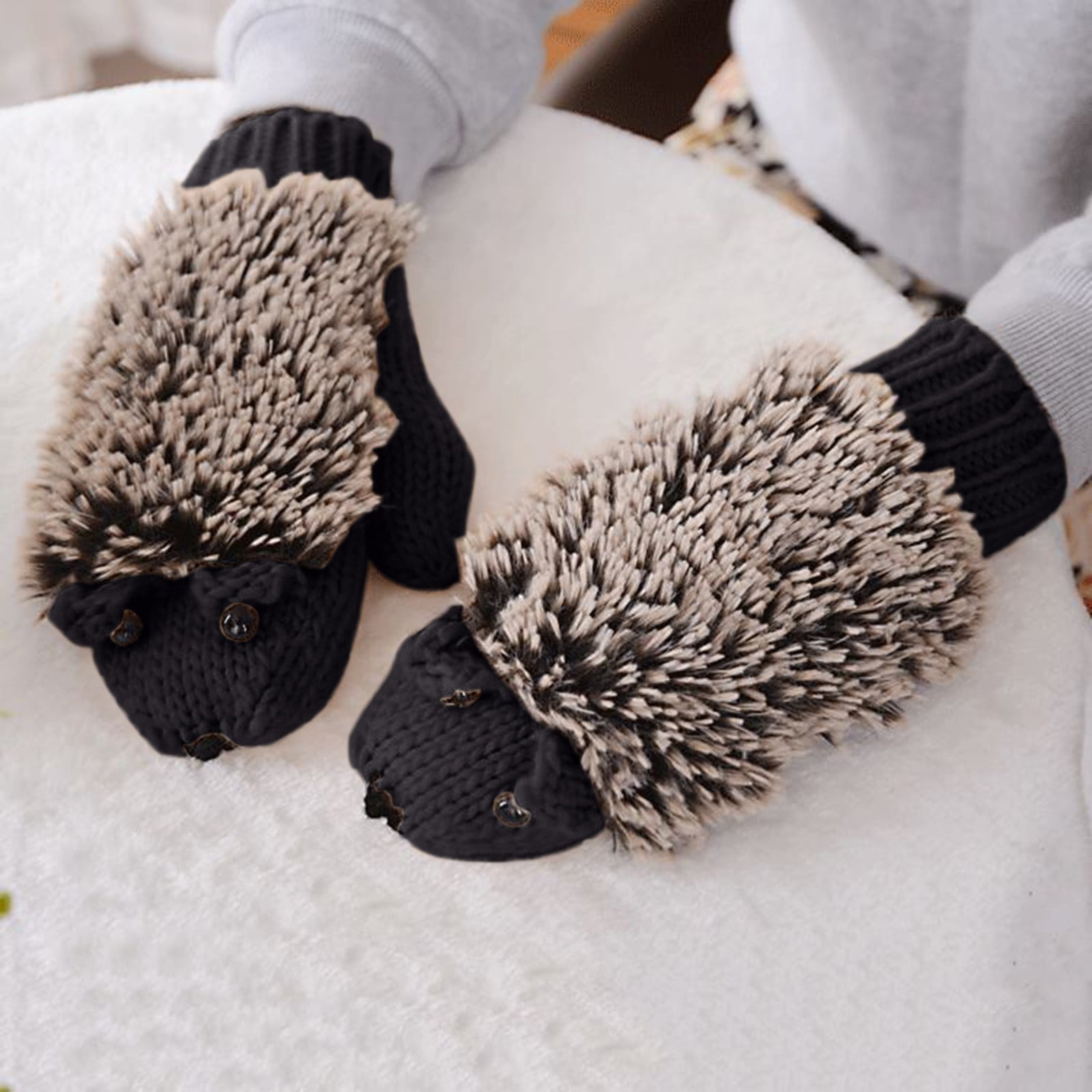 Black Gloves Mittens Women's Knitted Warm Cartoon Hedgehog Winter ...