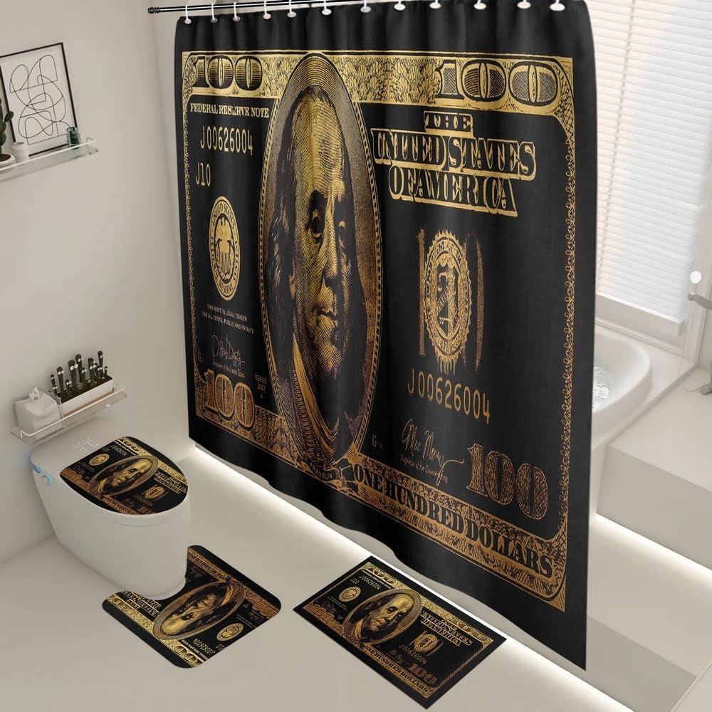 Black Gold 100 Dollar Bill Bathroom Set with Money Shower Curtain and ...