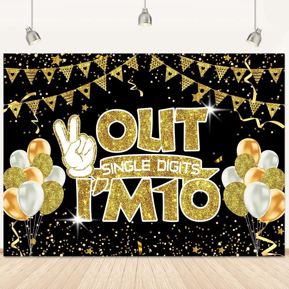 Black and Gold 10th Birthday Cool Backdrop Decoration for Boys Birthday ...