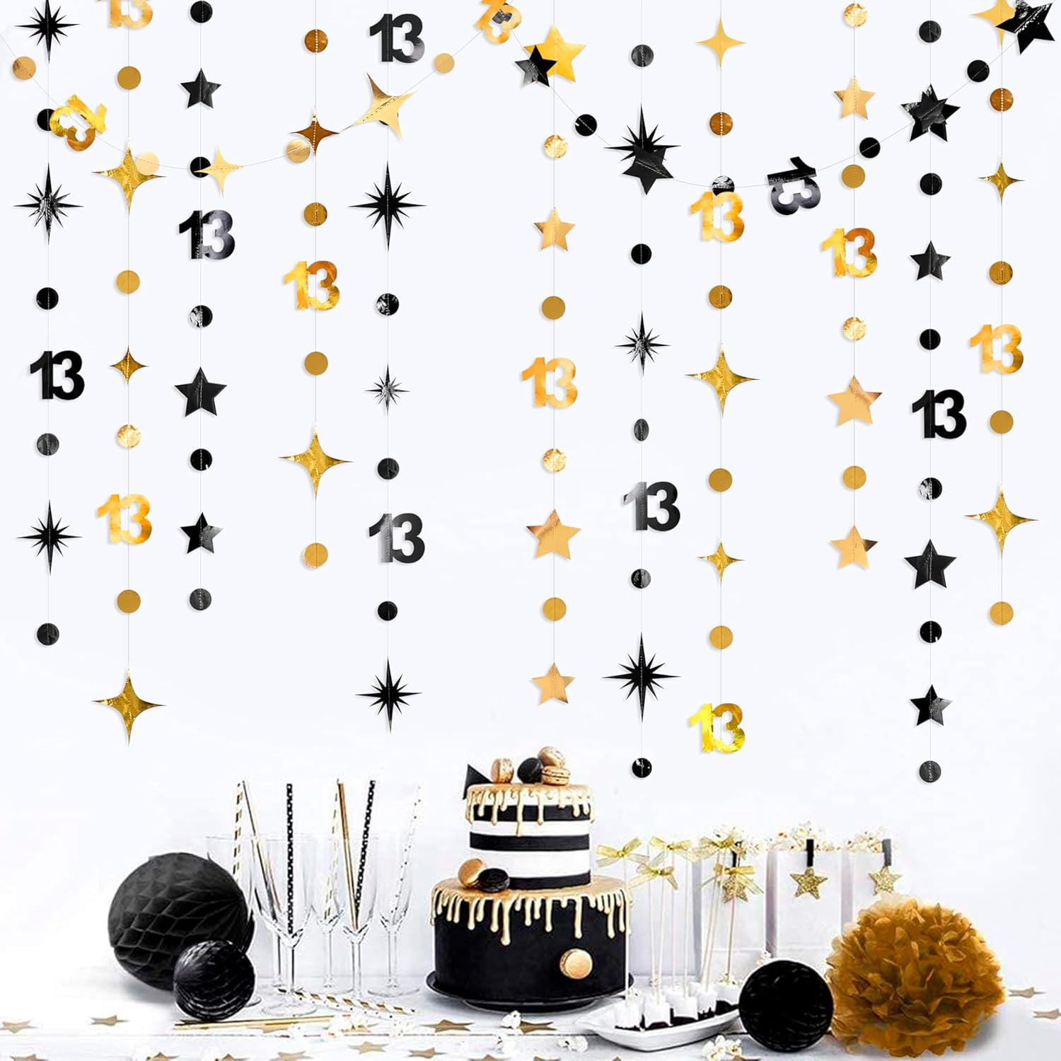 Black Gold 13th Birthday Decorations Number 13 Circle Dot Twinkle Star ...