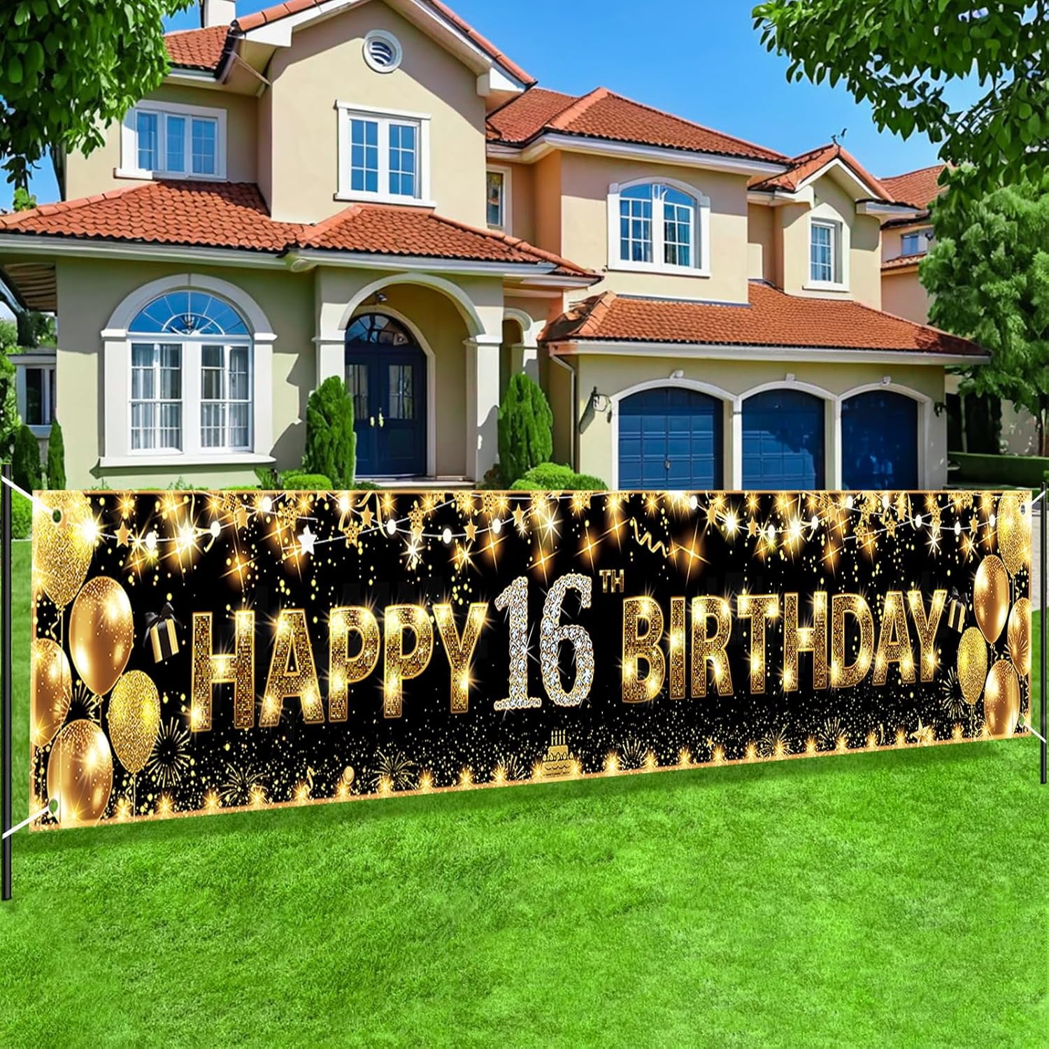 Black Gold 16th Birthday Decorations,20 X 120 inch Happy 16th Birthday ...