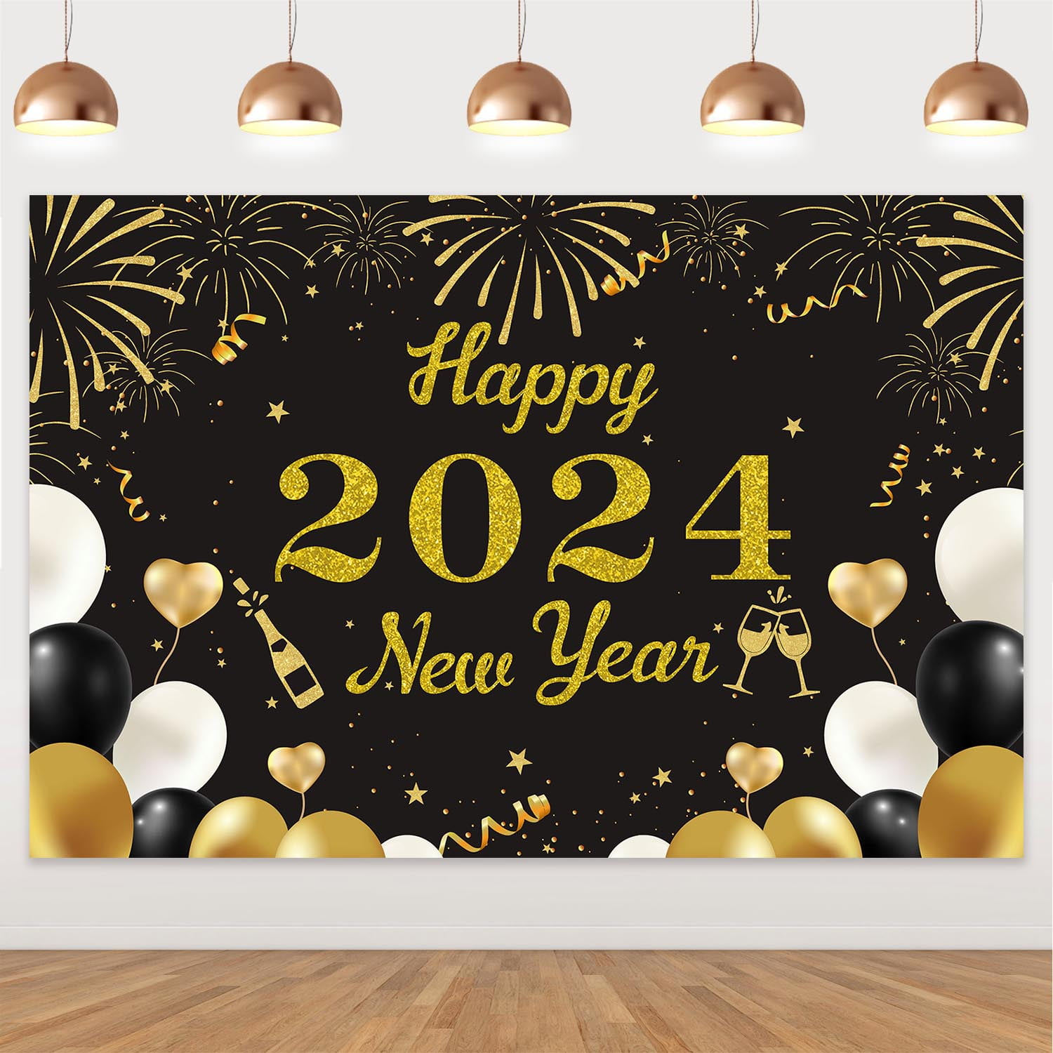 Black Gold 2024 Happy New Year Backdrop - Black Gold New Year Printed ...