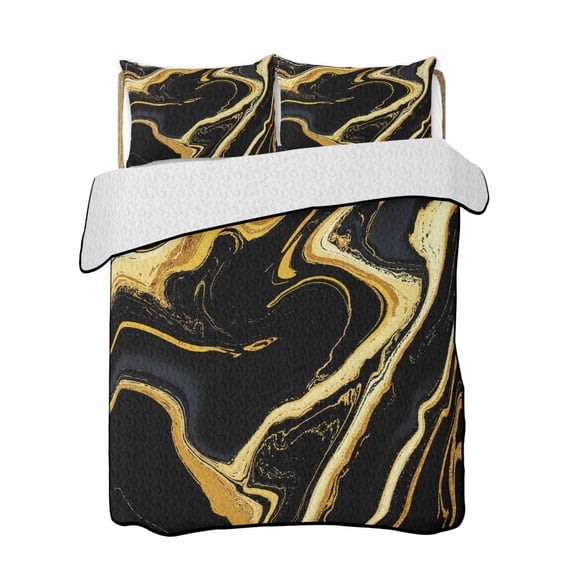 Black Gold 3 Pieces Quilt Set, 1 Quilt with 2 Shams, Marble Luxury ...