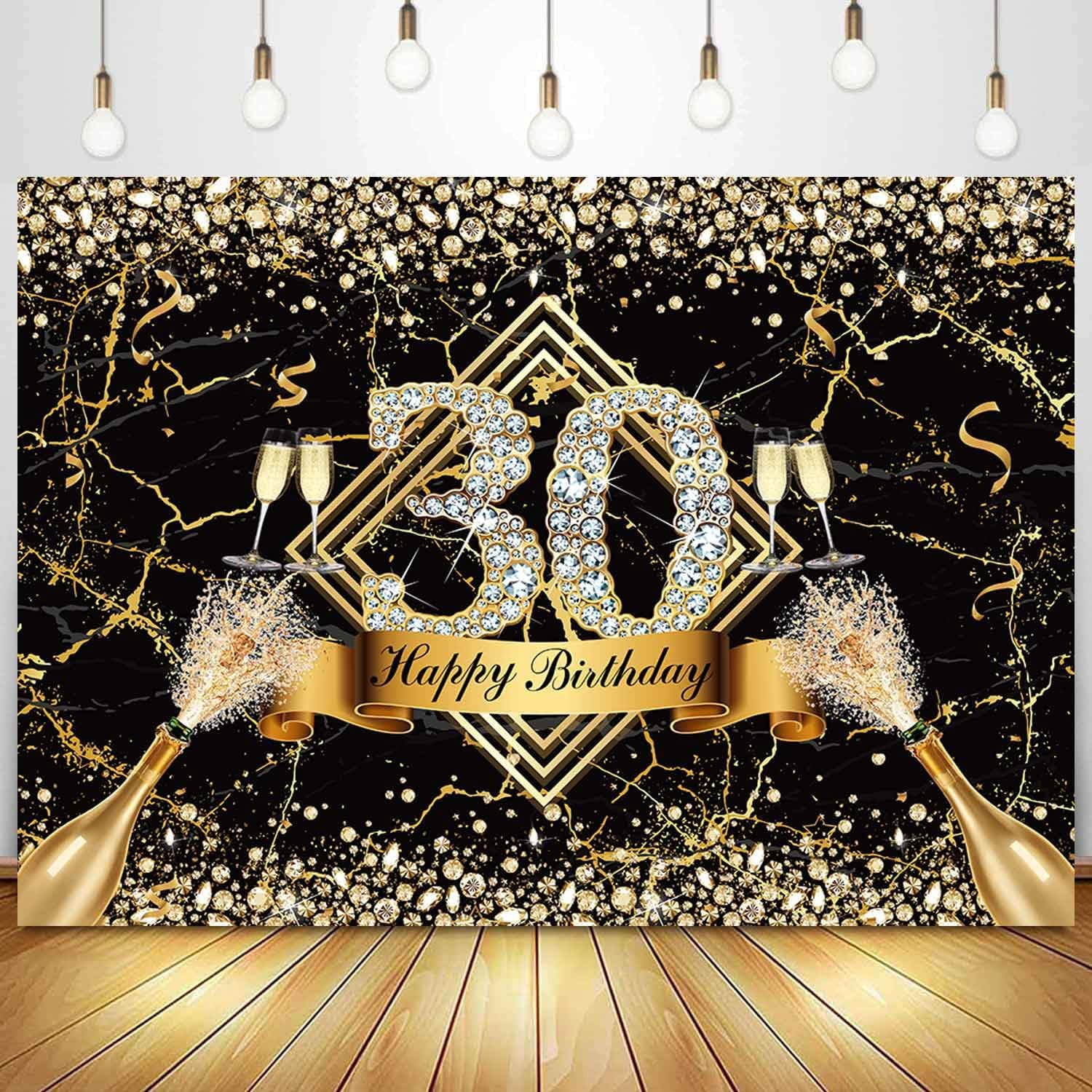 Black Gold 30th Birthday Backdrop 30 Years Old Happy Birthday ...