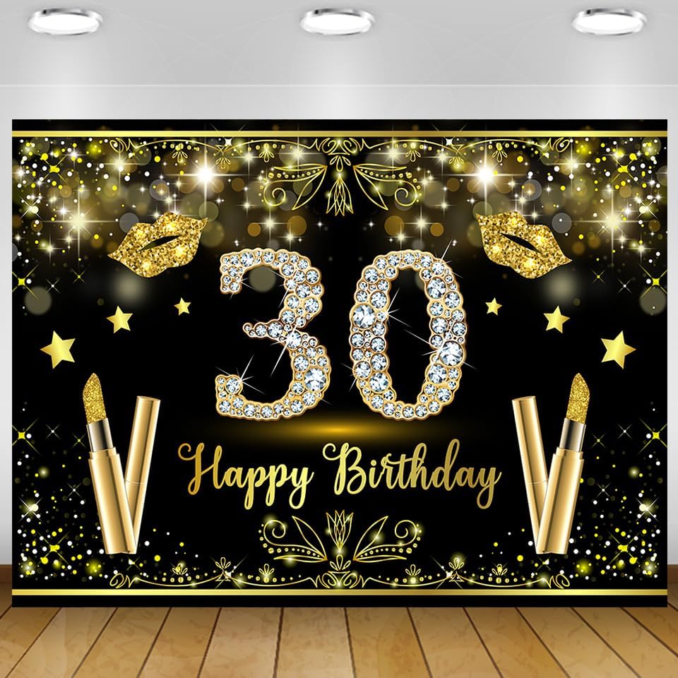 Black Gold 30th Birthday Backdrop Gold Lipstick Birthday Backdrop for ...