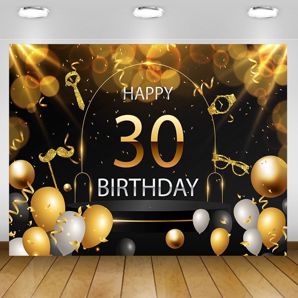 Black Gold 30th Birthday Backdrop for Photography Black Gold Balloon ...