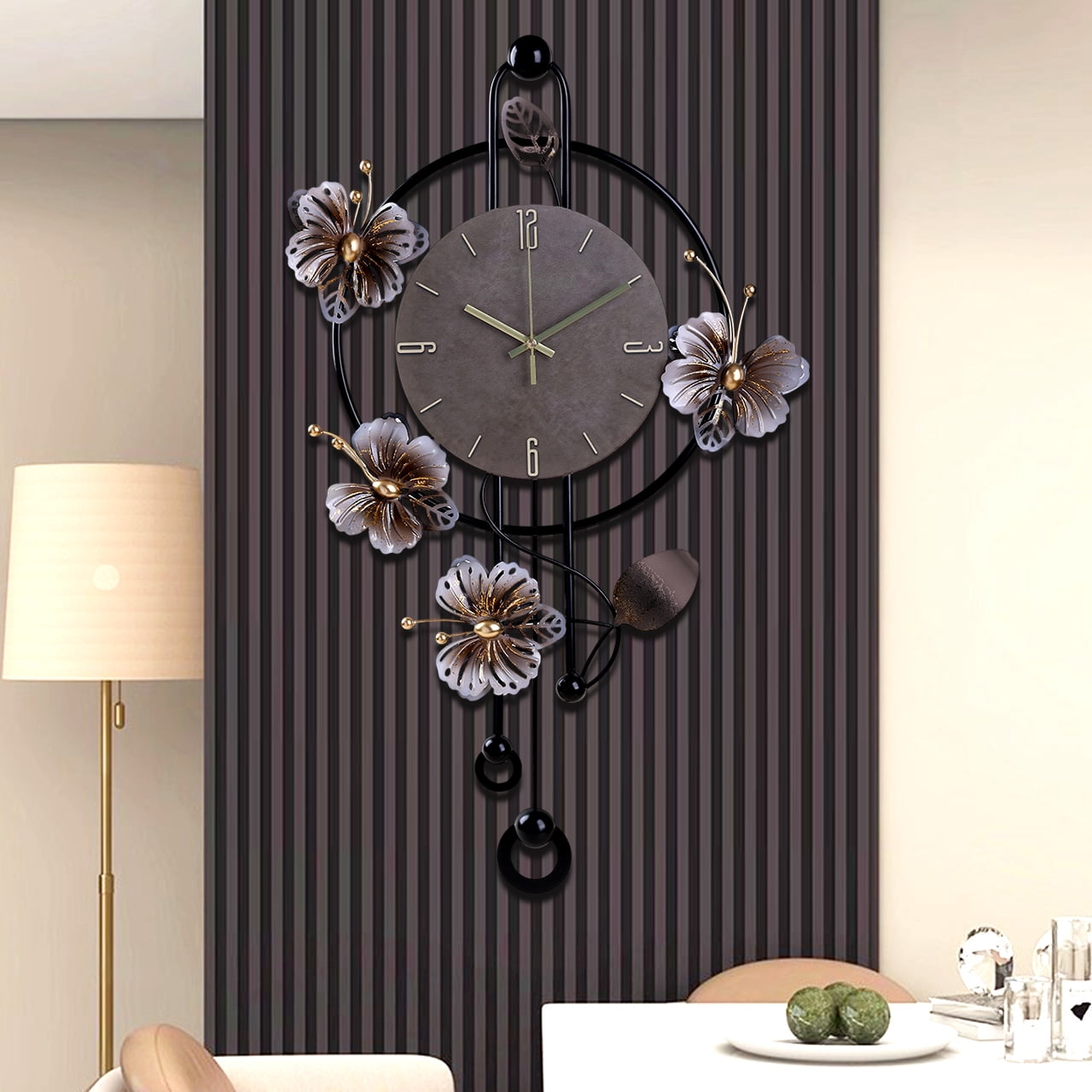 Black & Gold 3D Flower & Butterfly Luxury Wall Clock – Decorative ...