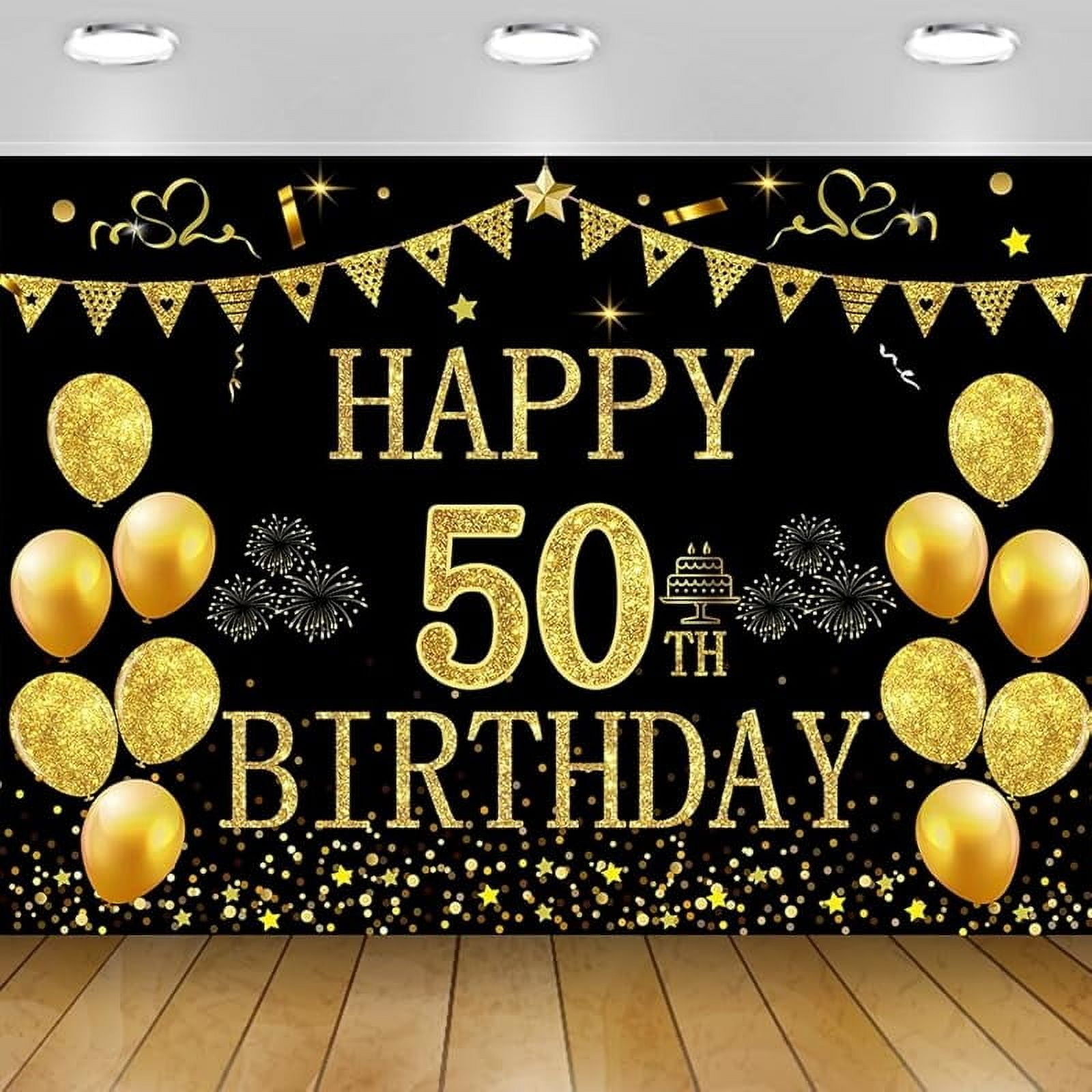 Black Gold 50th Birthday Backdrop for Men Gold Glitter Balloons Ribbon ...